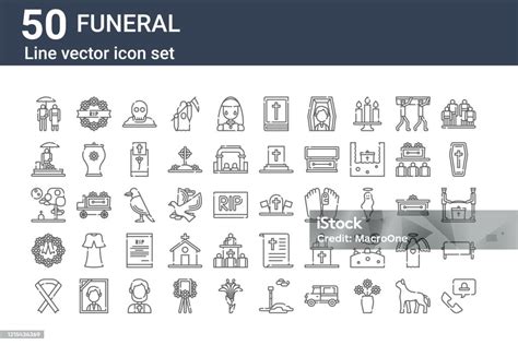 50 개의 장례 아이콘 세트 고객 서비스 검은 리본 화환 묘지 장례식 화환 군사 와 같은 얇은 라인 아이콘개요 사망 증명서에 대한 스톡 벡터 아트 및 기타 이미지 Istock