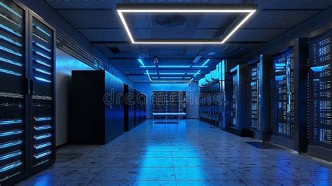 Modern Data Center With Blue Lights High Tech Server Room Interior Design Stock Illustration