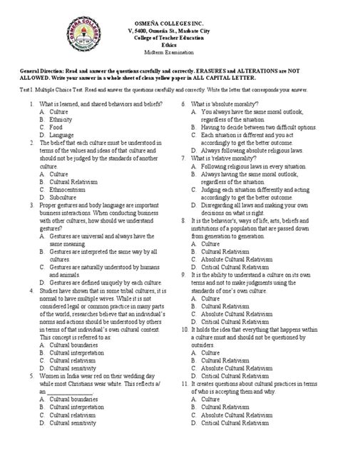 OsmeÑa Colleges Inc Midterm Examination Pdf Relativism Morality