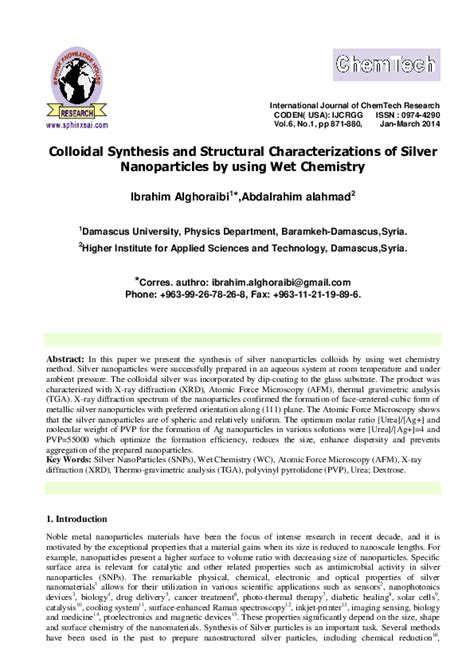 Pdf Colloidal Synthesis And Structural Characterizations Of Silver Nanoparticles By Using Wet