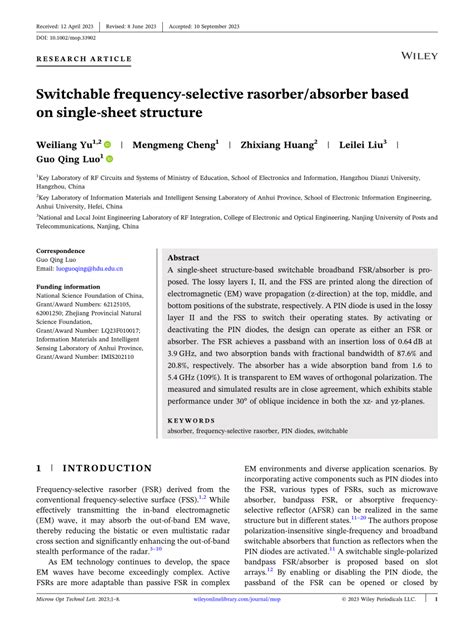 Switchable Frequency‐selective Rasorber Absorber Based On Single‐sheet Structure Request Pdf