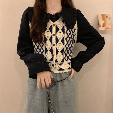 클로디 에스닉 뜨개 레이스 조끼 레트로 큐티 블라우스