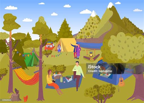 여름 숲 벡터 일러스트에서 캠핑 피크닉 만화 사람들은 텐트와 해먹 자연을 즐기는 관광 캠프에서 휴식을 취합니다 가공의 인물에 대한 스톡 벡터 아트 및 기타 이미지 Istock