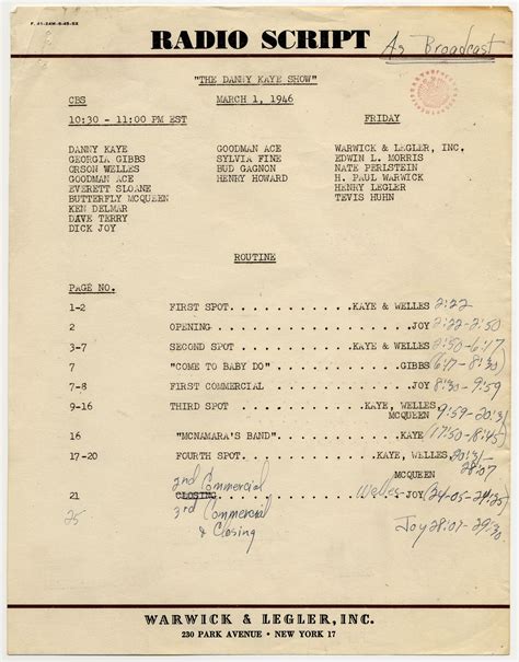 Image 1 Of The Danny Kaye Show Radio Script March 1 1946 Script
