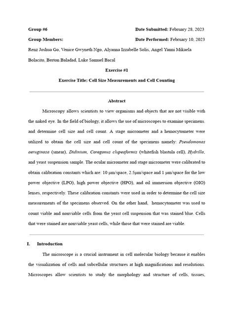 Bio 14002 Group 6 Exercise 1 Cell Size Measurements And Cell Counting
