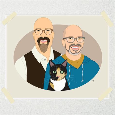 Same Sex Couple Portrait Personalized Portrait Illustration With Pet Wedding Or Anniversary