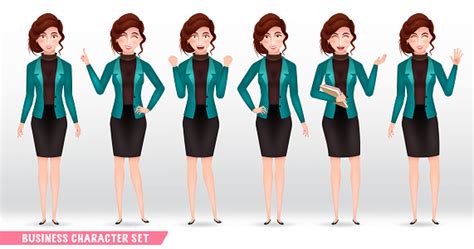 비즈니스 우먼 문자 벡터 세트입니다 비서 직원 캐릭터 컬렉션 디자인에 대한 친절한 표정과 제스처를 가진 비즈니스 우먼 직원 교사 교육 관련 직업에 대한 스톡 벡터 아트 및