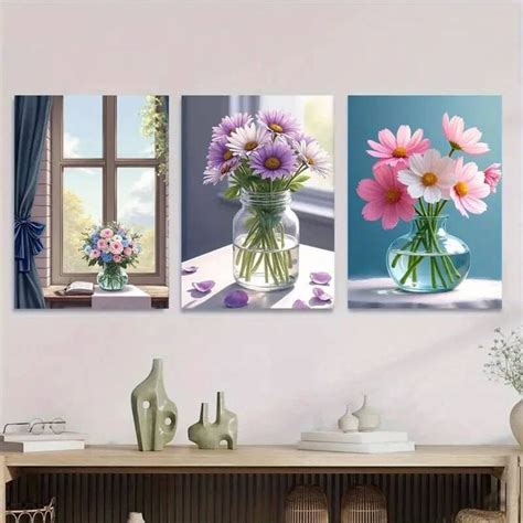 3pcs Vibrant Flowers In Vases Floral Bouquet Print 100 Australian Made
