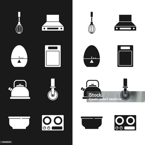 도마 주방 타이머 털기 추출기 팬 손잡이가 있는 주전자 피자 나이프 가스레인지 및 그릇 아이콘을 설정합니다 벡터 검은색에 대한 스톡 벡터 아트 및 기타 이미지 Istock