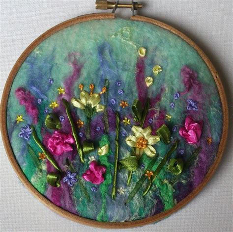 Flower Garden 2 Small Sized Hand Felted And Handstitched Embroidery