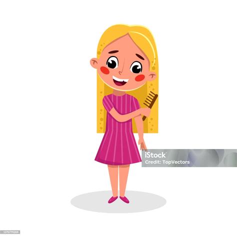 귀여운 금발의 소녀 칫솔질 그녀의 긴 머리 좋은 아이 행동과 습관 만화 스타일 벡터 일러스트 교육에 대한 스톡 벡터 아트 및 기타 이미지 Istock