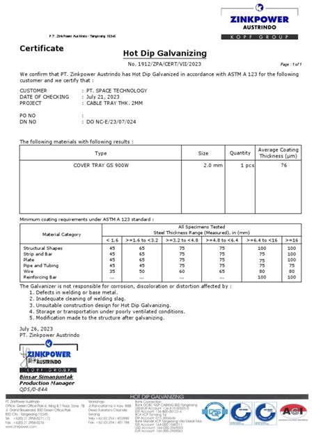 Hot Dip Galvanizing Certificate Pt Zinkpower Austrindo Tangerang