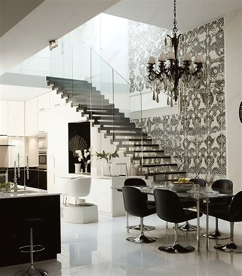 계단과 샹들리에가 있는 흰색과 검정색 주방 배경 배경 화면 및 일러스트 무료 다운로드 Pngtree