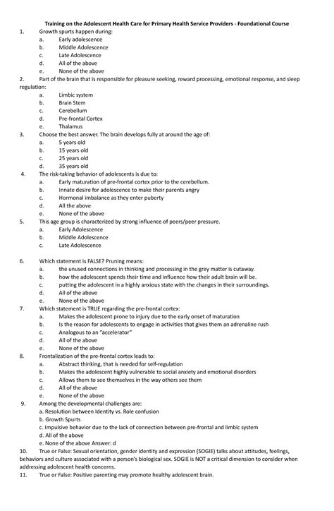 Pre Test No Answer Pre Test Training On The Adolescent Health Care For Primary Health