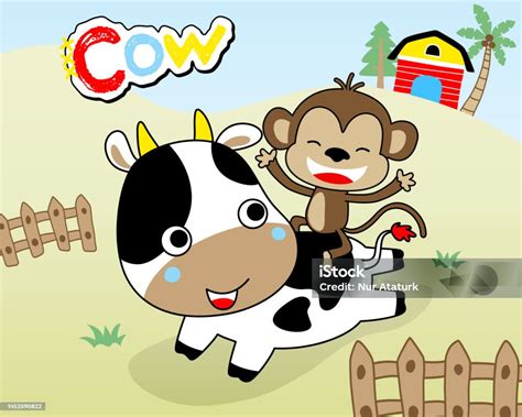 농장 마당에서 소를 타고 있는 재미있는 원숭이의 벡터 만화 교육에 대한 스톡 벡터 아트 및 기타 이미지 교육 귀여운 나무