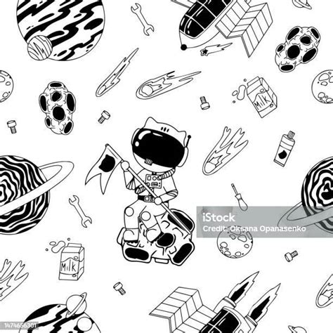 열린 공간에서 우주 비행사 Ufo 우주선 로켓 태양계 은하계 여행 은하 행성 소행성 혜성 별똥별 흑백 패턴입니다 벡터 개체 그룹에 대한 스톡 벡터 아트 및 기타 이미지