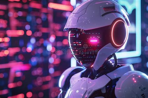 close up of robot face under colorful lighting a glowing digital