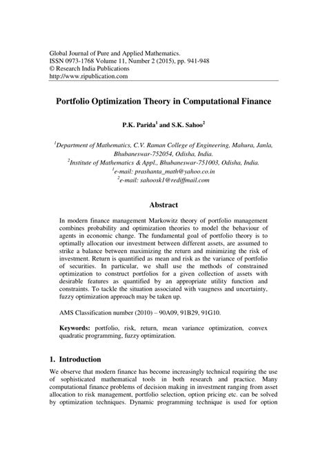 Pdf Portfolio Optimization Theory In Computational Finance