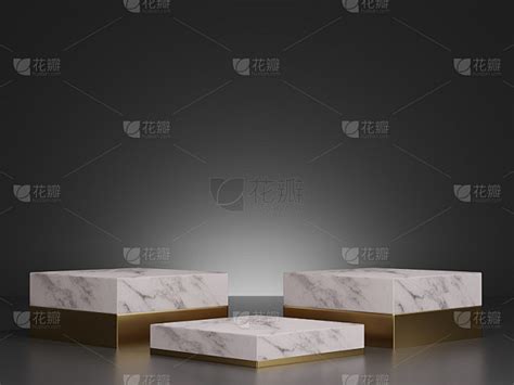 白色大理石和金色底座台阶的3d渲染模型在黑暗的背景