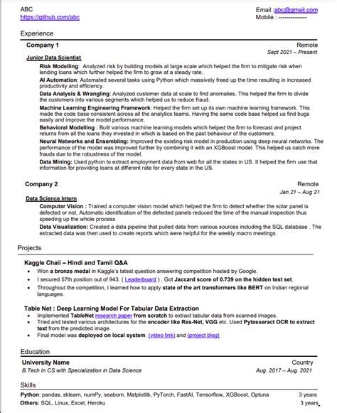 Entry Level Data Scientist Resume Review Rdatascience