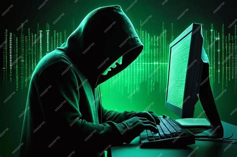 Silhouette Of A Hacker In A Hood With Binary Code On A Luminous Green Background Premium Ai