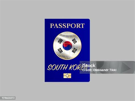 생체 인식 디지털 데이터 칩 사실적인 파란색 표지 아이콘 로고 광고 웹에 대한 황금 글자 벡터 일러스트레이션과 국제 여권 한국 국기 국가 지리적 지역에 대한 스톡 벡터 아트