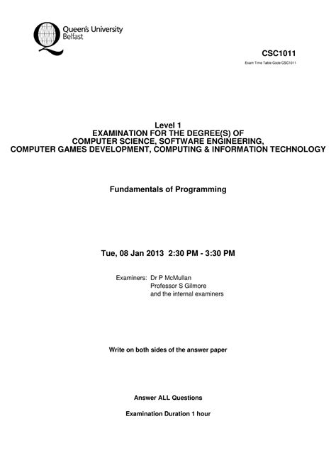 Fundamentals Of Programming Past Paper CSC Exam Time Table Code CSC