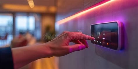 Hand Adjusting A Modern Touchscreen Control Panel With Ambient Pink And