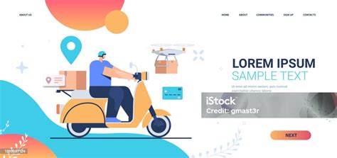 음식이나 소포를 배달하는 스쿠터에 택배 는 배달 서비스 개념 전체 길이 수평을 표현 배달에 대한 스톡 벡터 아트 및 기타 이미지 배달 가공의 인물 감시 Istock