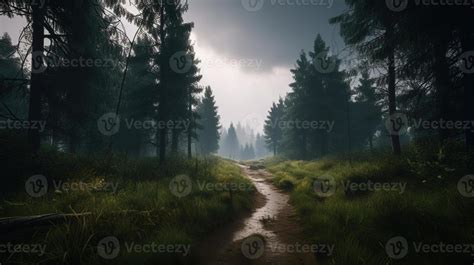 Foggy Path Through The Forest Sunset In A Dark Forest With Rays Of