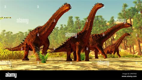 A Herd Of Alamosaurus Sauropod Dinosaurs Walk Together On A Cretaceous