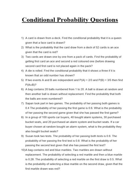 Conditional Probability Questions Pdf Probability Odds