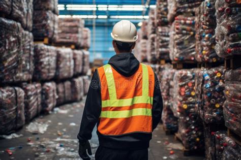 Rear View Of A Male Worker Standing In Front Of A Warehouse Full Of
