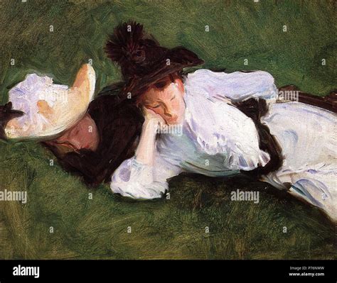 English Two Girls Lying On The Grass Oil On Canvas By The American