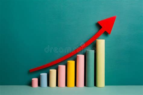 Colorful Bar Graph With Increasing Heights Red Arrow Pointing Upward On Flat Teal Surface