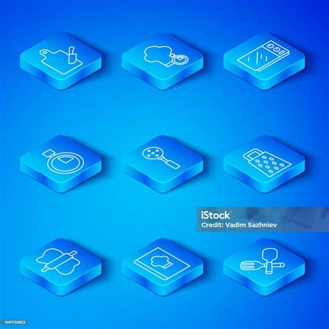 반죽 주걱 요리책 강판 전자레인지 스톱워치 도마 칼 교차 포크 숟가락 아이콘에 라인 롤링 핀을 설정합니다 벡터 3차원 형태에 대한 스톡 벡터 아트 및 기타 이미지 Istock