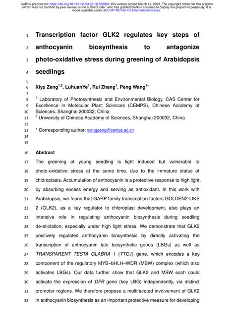 Pdf Transcription Factor Glk2 Regulates Key Steps Of Anthocyanin Biosynthesis To Antagonize