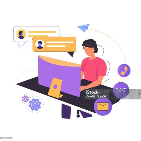고객 서비스 헤드폰과 마이크를 가진 여자 노트북 지원 지원 콜 센터에 대한 개념 그림 벡터 일러스트 레이 션입니다 가상 기술 지원 서비스 핫라인 운영자 24시간에 대한 스톡