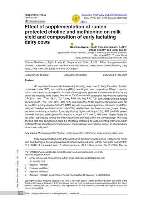 Pdf Effect Of Supplementation Of Rumen Protected Choline And Methionine On Milk Yield And
