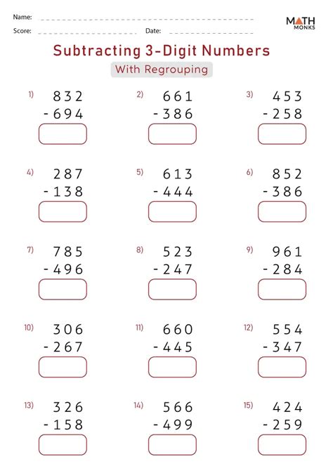 3 digit subtraction worksheets math monks