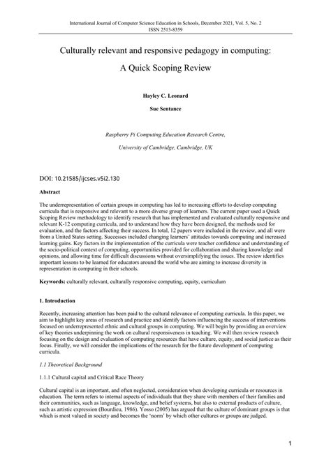 Pdf Culturally Relevant And Responsive Pedagogy In Computing A Quick Scoping Review
