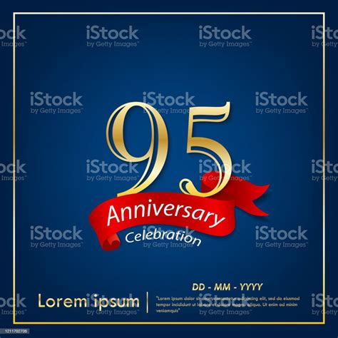 95 주년 기념 엠블럼 파란색 배경에 빨간 리본이있는 기념일 우아함 황금 로고 웹 전단지 인사말 카드 및 초대 장용 벡터 일러스트 템플릿 디자인 0명에 대한 스톡 벡터 아트