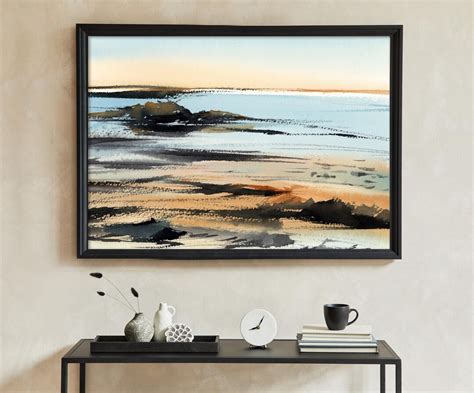Calm Water And Rocks Landscape Art Print Minimalist Nature Watercolor