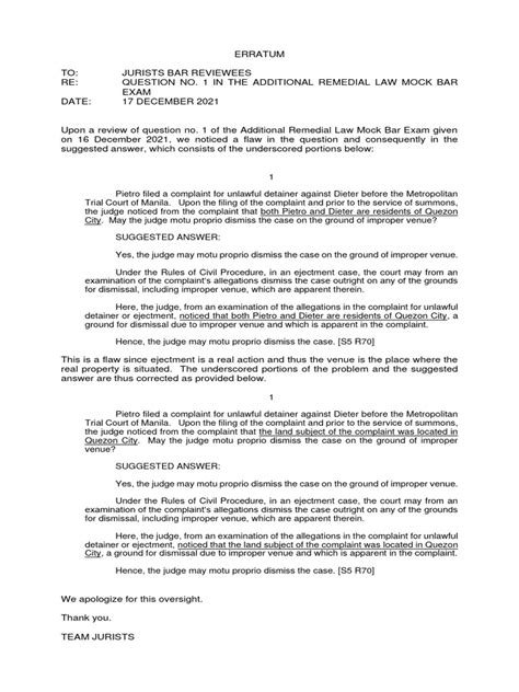 Erratum On Additional Remedial Law Mock Bar Pdf Complaint Public Sphere