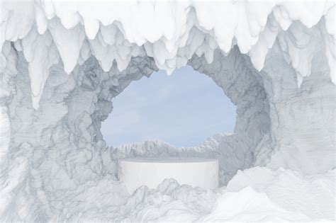 3d 렌더링 겨울 플랫폼 및 사실적인 자연 배경 제품 디스플레이 광고 모형 등을 위해 동굴 천장에 매달려 있는 얼음이 있는 얼음 눈 산 동굴의 돌 연단 0명에 대한 스톡