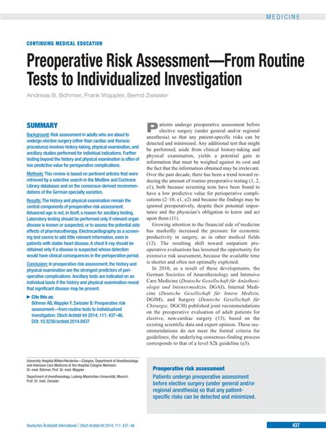 Pdf Preoperative Risk Assessment—from Routine Tests To Individualized Investigation