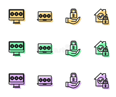 Set Line Lock Monitor With Password Laptop And House Under Protection Icon Vector Stock