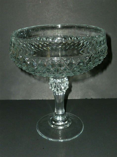 Vintage Indiana Glass Clear Cut Glass Compote Diamond Point Pedestal