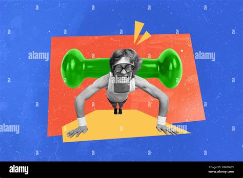 Creative Poster Collage Of Funny Young Man Doing Push Up Big Dumbbell