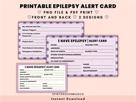 Printable Epilepsy Card Medical Alert Cards Epilepsy Seizure Awareness Tag In Case Of Emergency